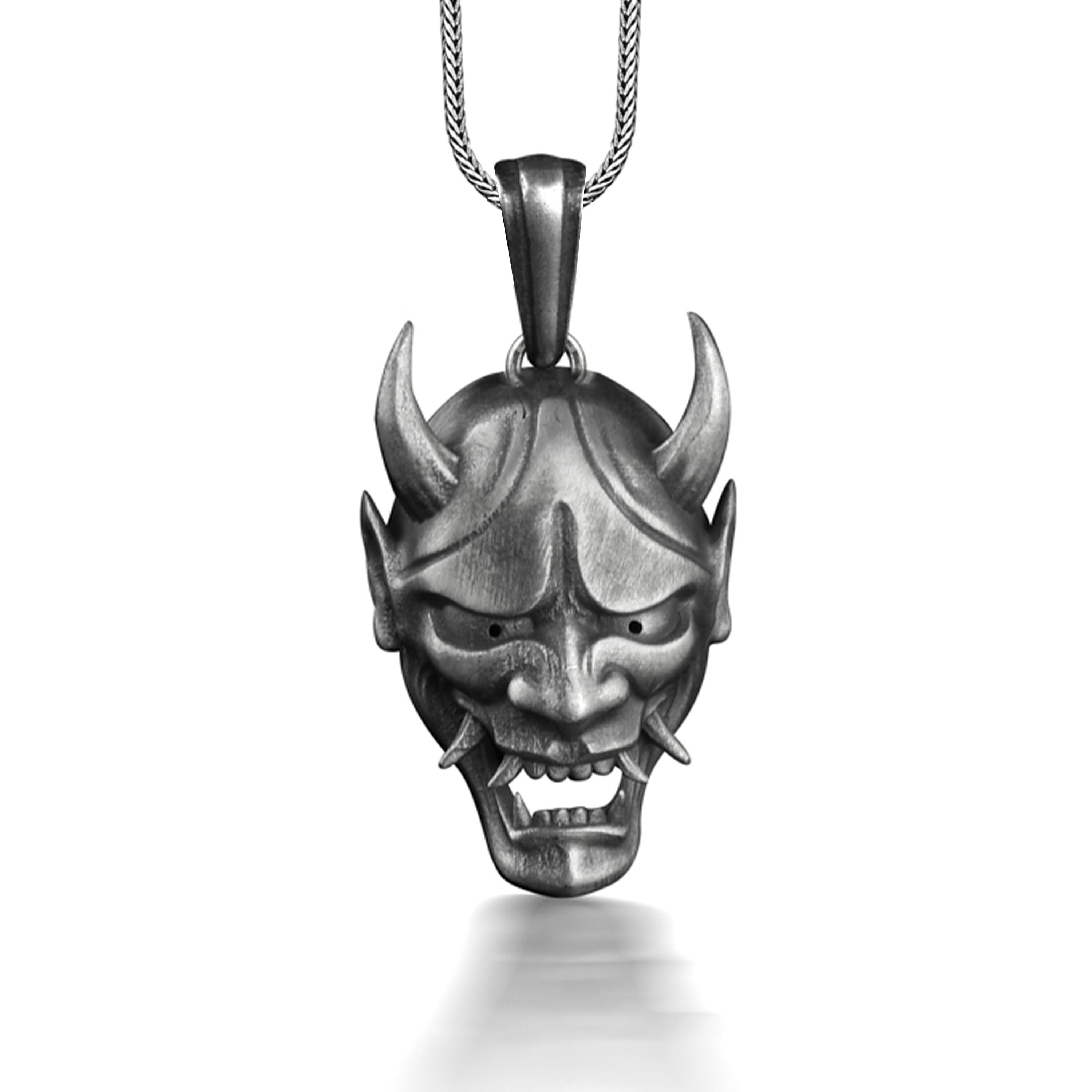 Oni Mask Necklace in Oxidized Silver, Japanese Hannya Mask Necklace For ...