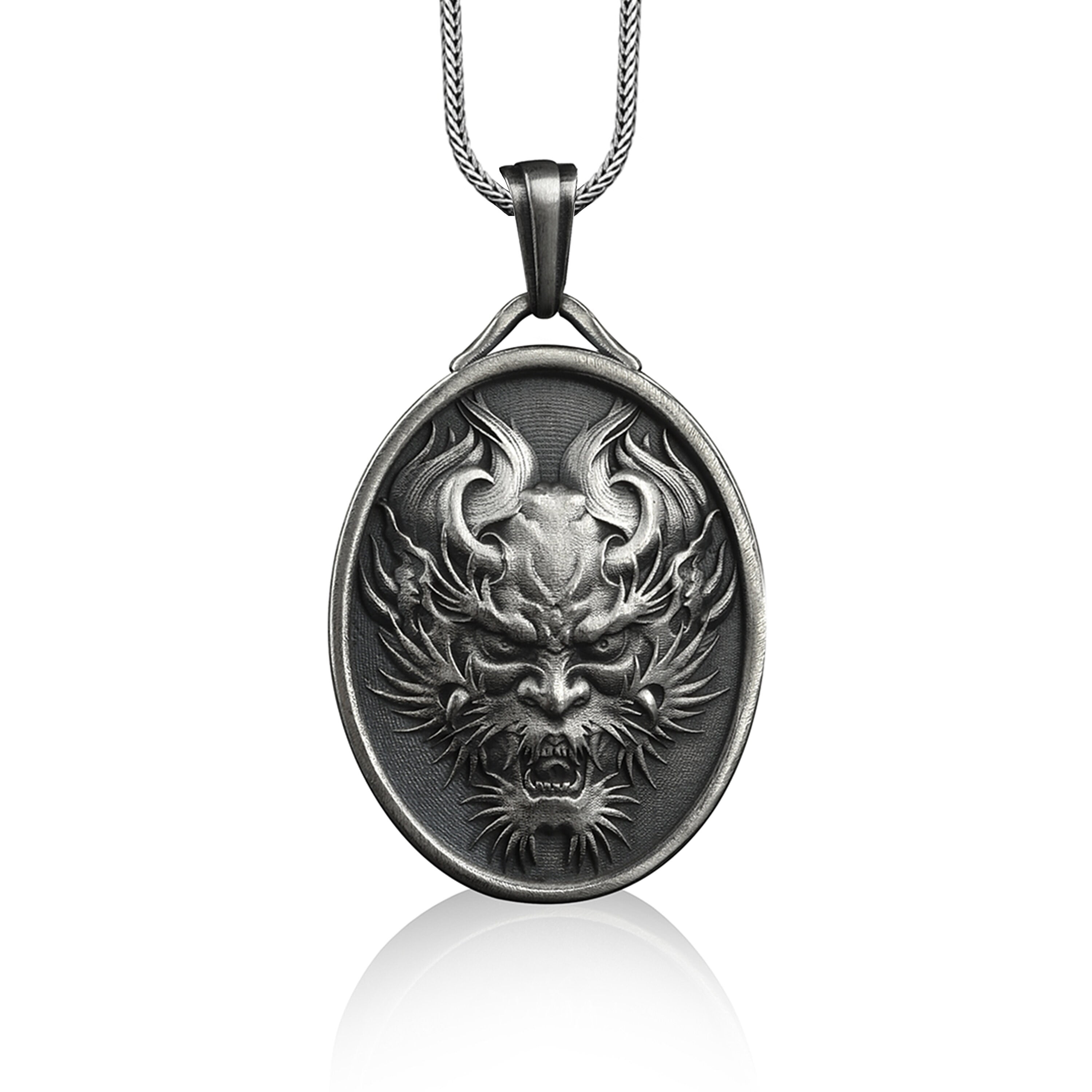 Oni mask personalized silver necklace for men, Japanese demon pendant ...