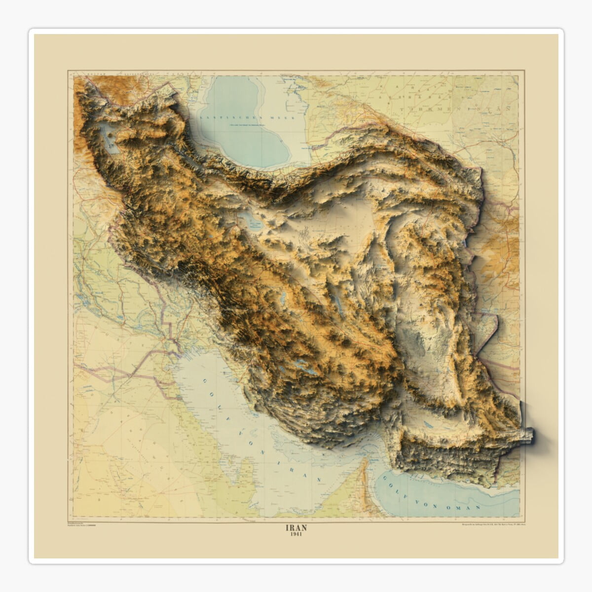 Onim 1941 Iran Relief Map 3D Digitally-Rendered Sticker, Phone Decal ...