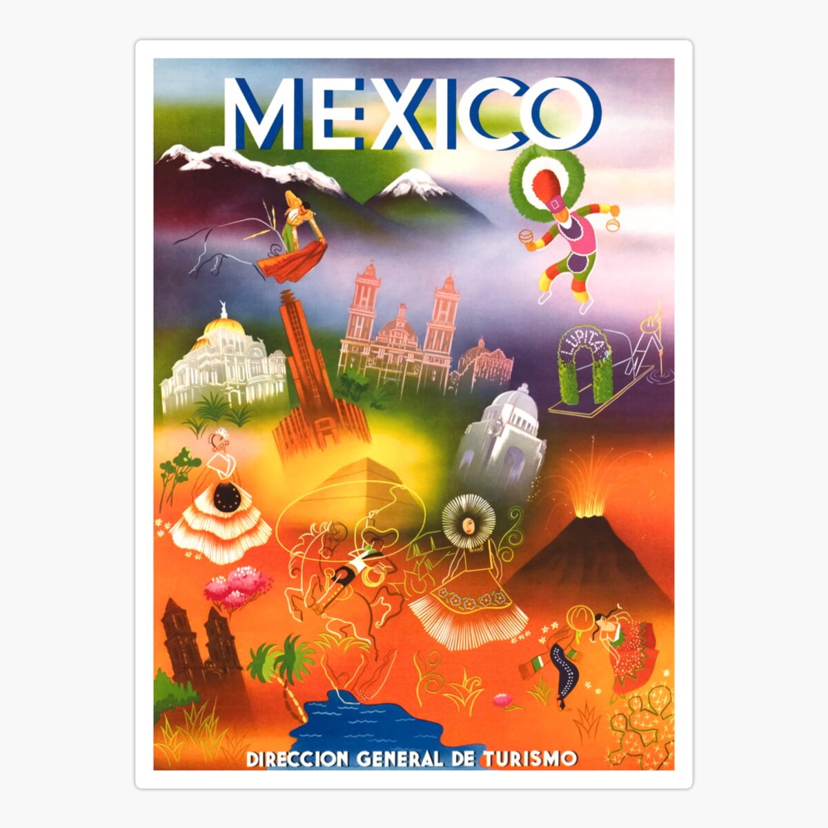 Onim 1950 Iconic Mexico Travel Poster Sticker, Phone Decal Water Bottle ...