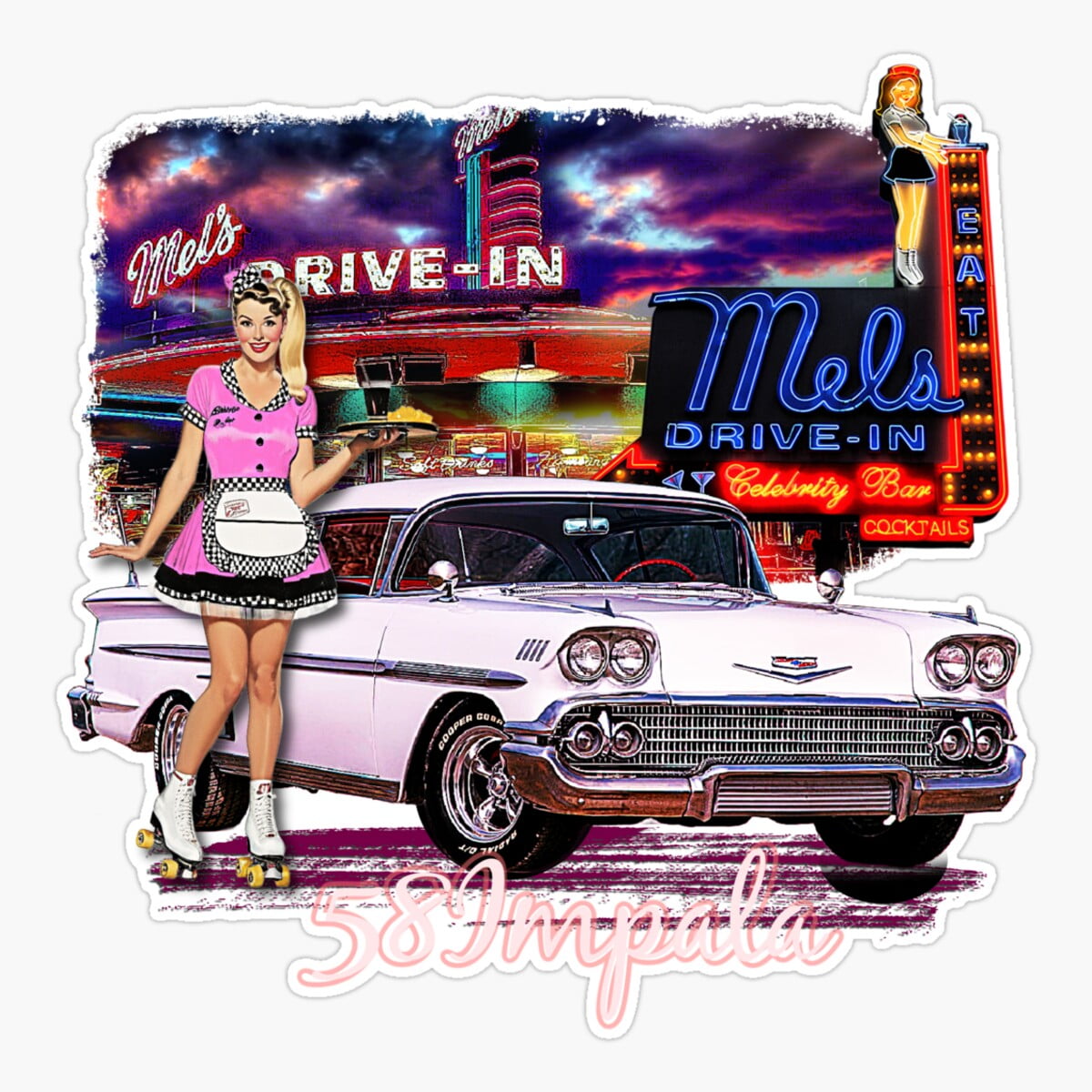 Onim 1958 Chevy Impala Vintage Muscle Car 50S Hot Rod Art Sticker ...