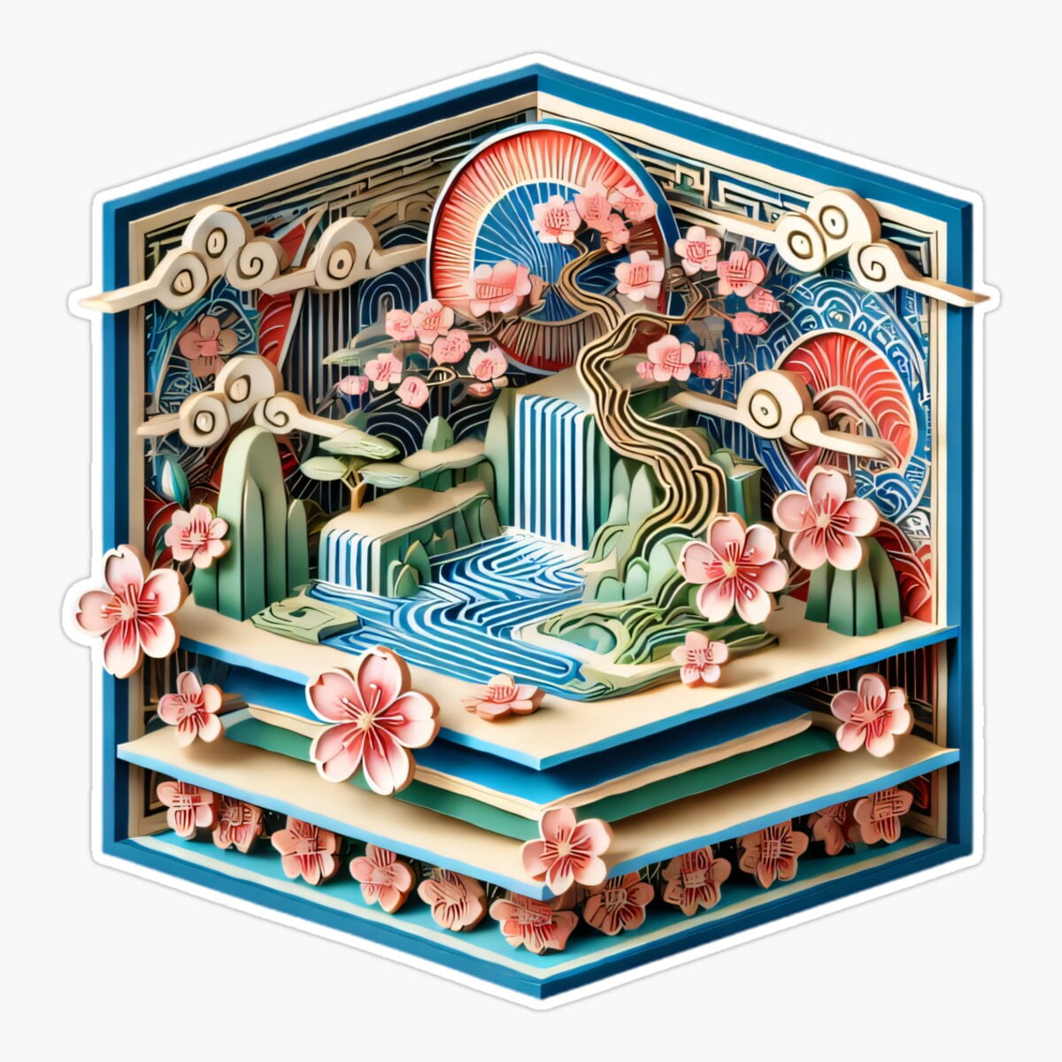 Onim 3D Japanese Cherry Blossom Art - Layered Landscape Design Sticker ...
