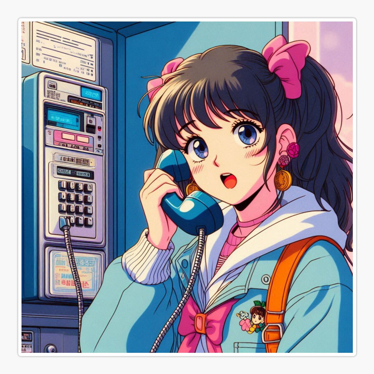 Onim 80S Style Anime Girl At Payphone Sticker, Phone Decal Water Bottle ...