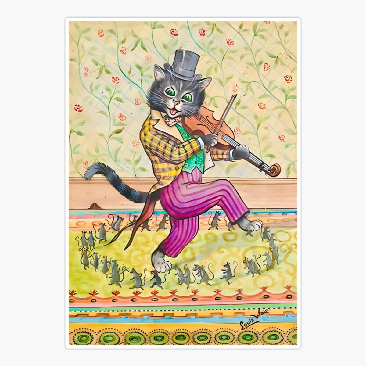 Onim A Cat Playing A Fiddle By Louis Wain Sticker, Phone Decal Water ...