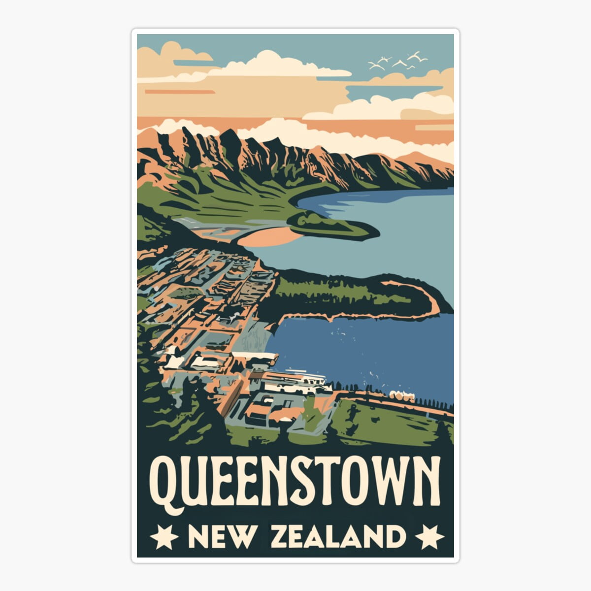 Onim A Vintage Travel Art Of Queenstown - New Zealand Sticker, Phone ...