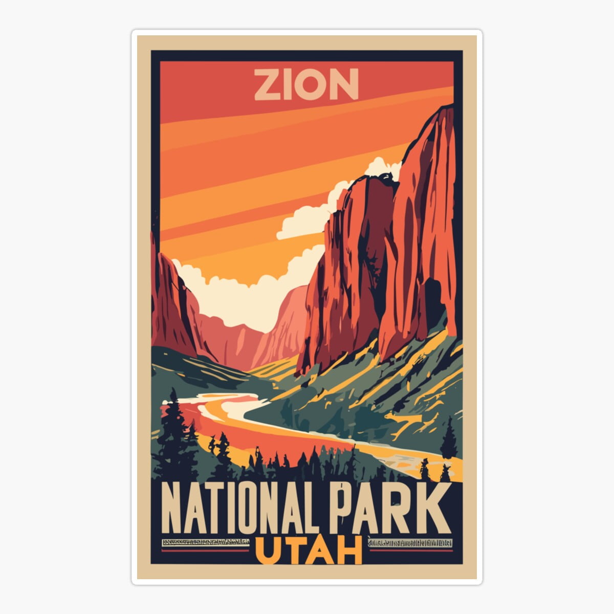 Onim A Vintage Travel Art Of The Zion National Park - Utah - Us Sticker ...