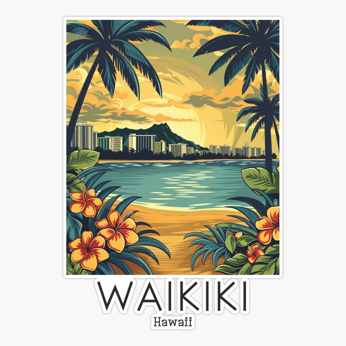 Onim A Vintage Travel Illustration Of Waikiki - Hawaii Sticker, Phone ...