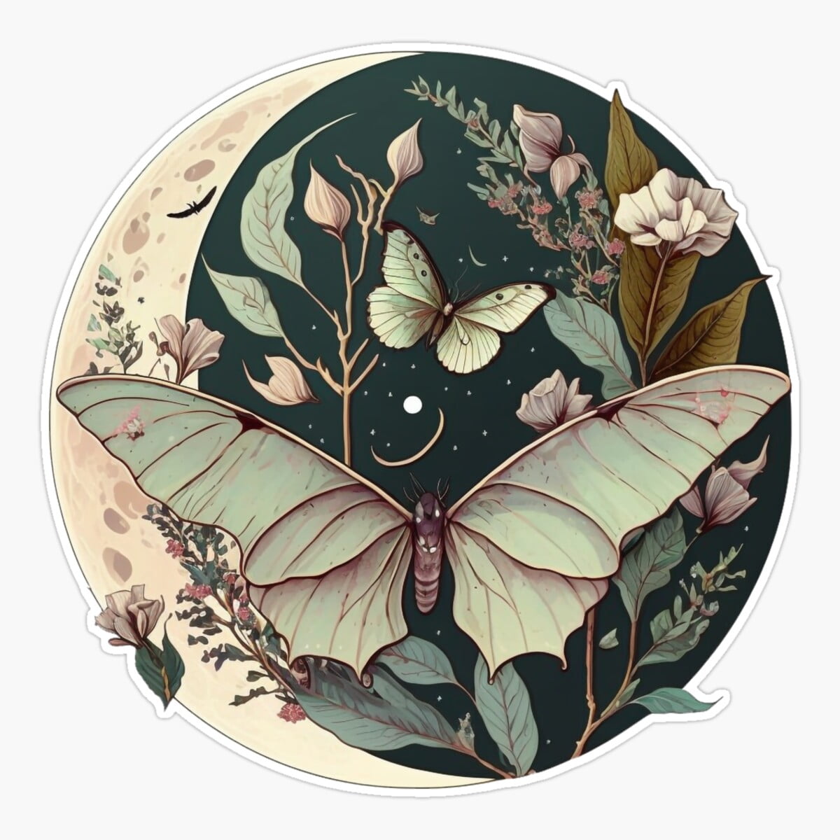 Onim Aesthetic Luna Moth Witchy Floral Moon Phases Sticker, Phone Decal ...