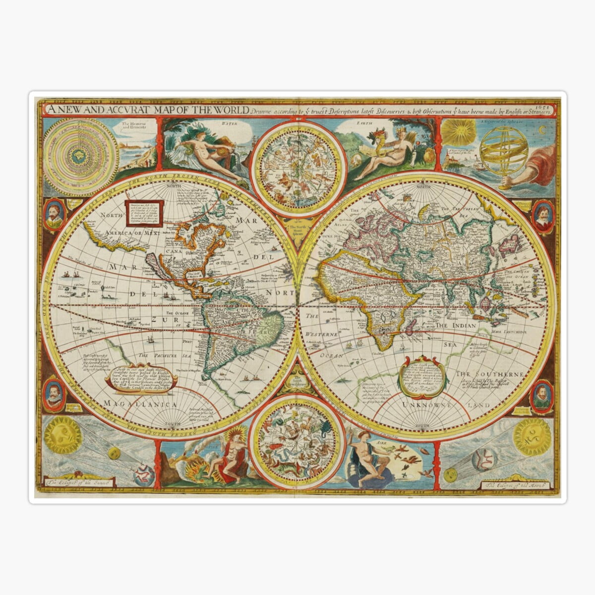 Onim An Old Map Of The World // 1627 Sticker, Phone Decal Water Bottle ...