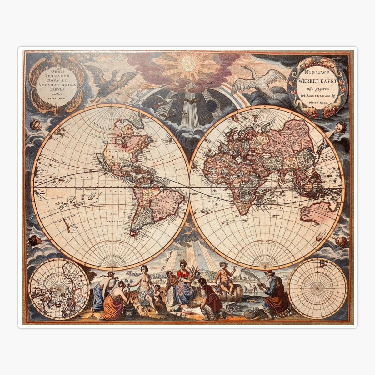 Onim An Old Map Of The World 1666 Sticker, Phone Decal Water Bottle ...