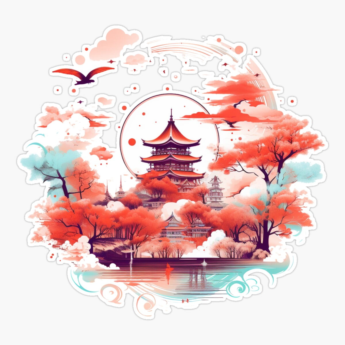 Onim Ancient Japanese Dream Village: Traditional Landscape Art Sticker ...