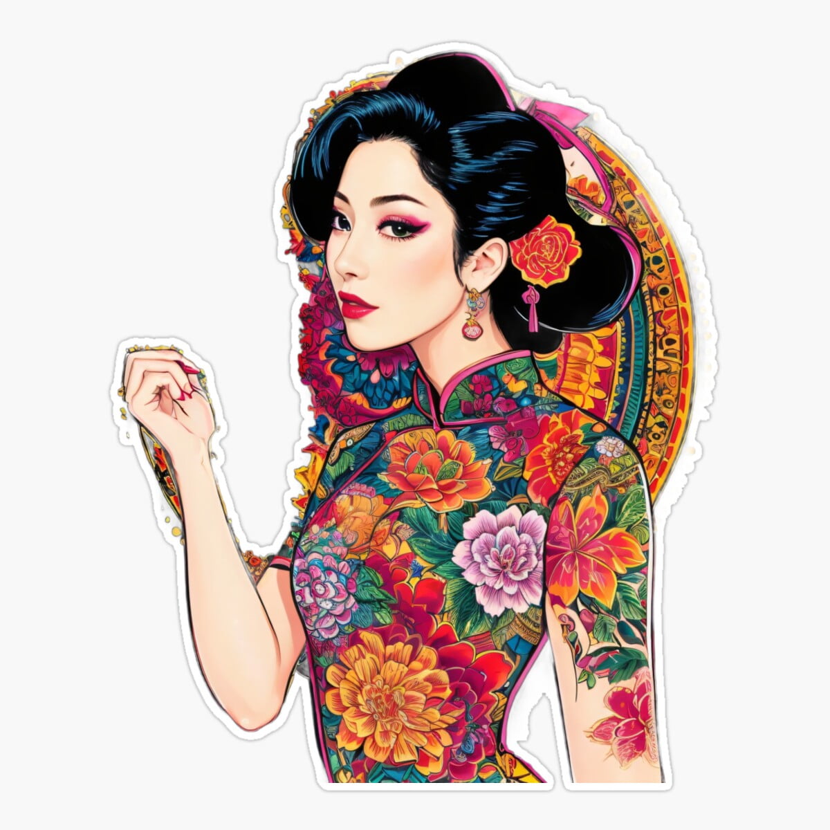 Onim Anime Girl Unique & Elegant Hairstyle Character Flowers Sticker ...