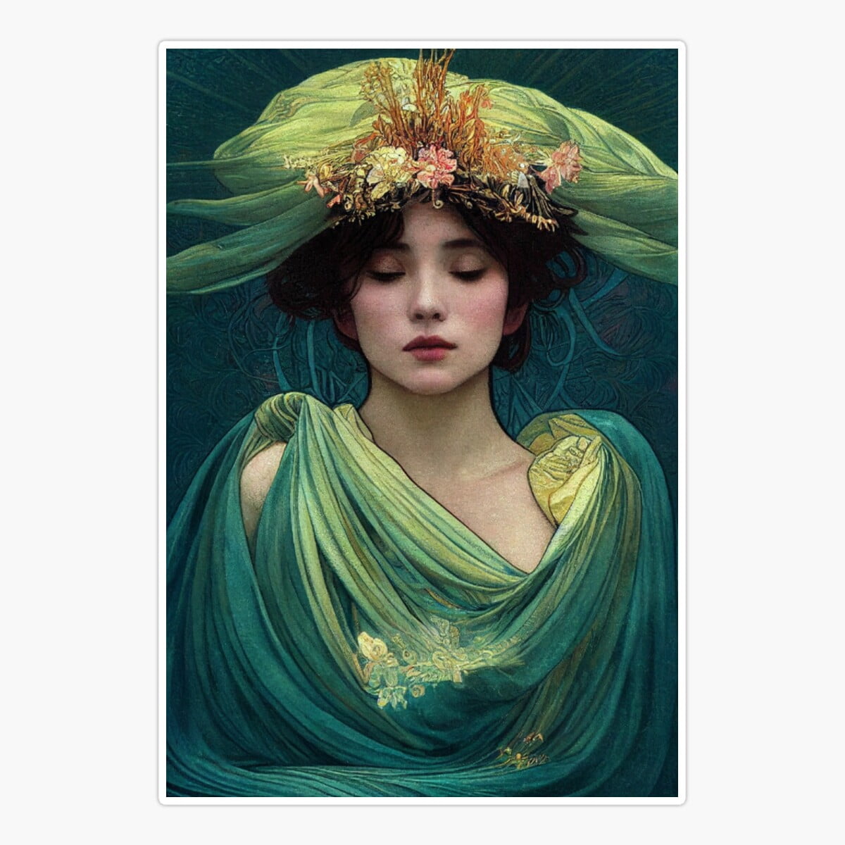 Onim Art Nouveau Beauty In Green, Vintage, Mucha, Gilded Age Sticker ...