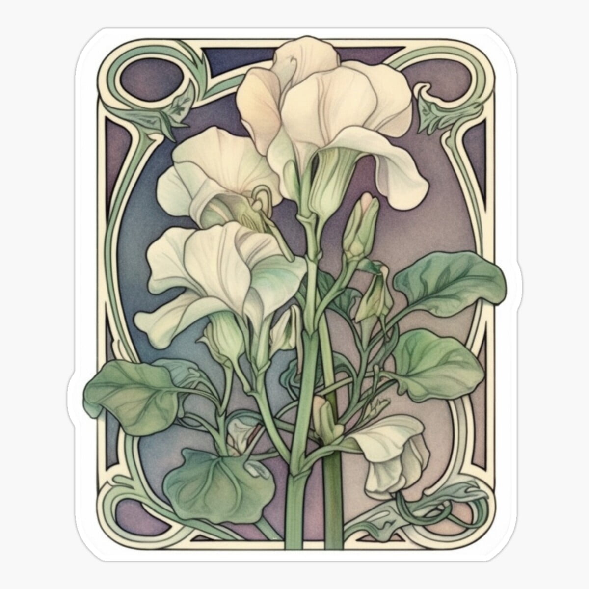Onim Art Nouveau Inspired White Sweet Pea Flowers Watercolour Sticker ...