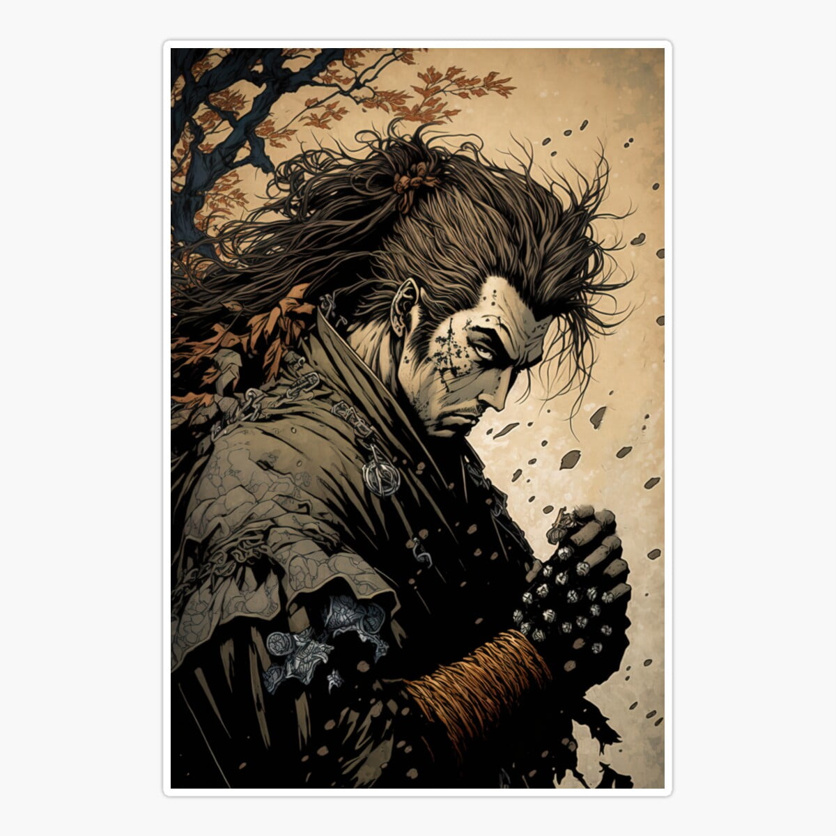 Onim Awesome Japanese Manga Drawing Of A Samurai Warrior Sticker, Phone ...