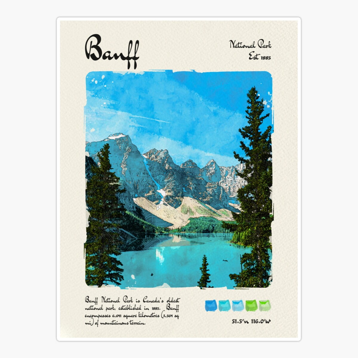 Onim Banff National Park Vintage Watercolour Travel Poster Sticker ...