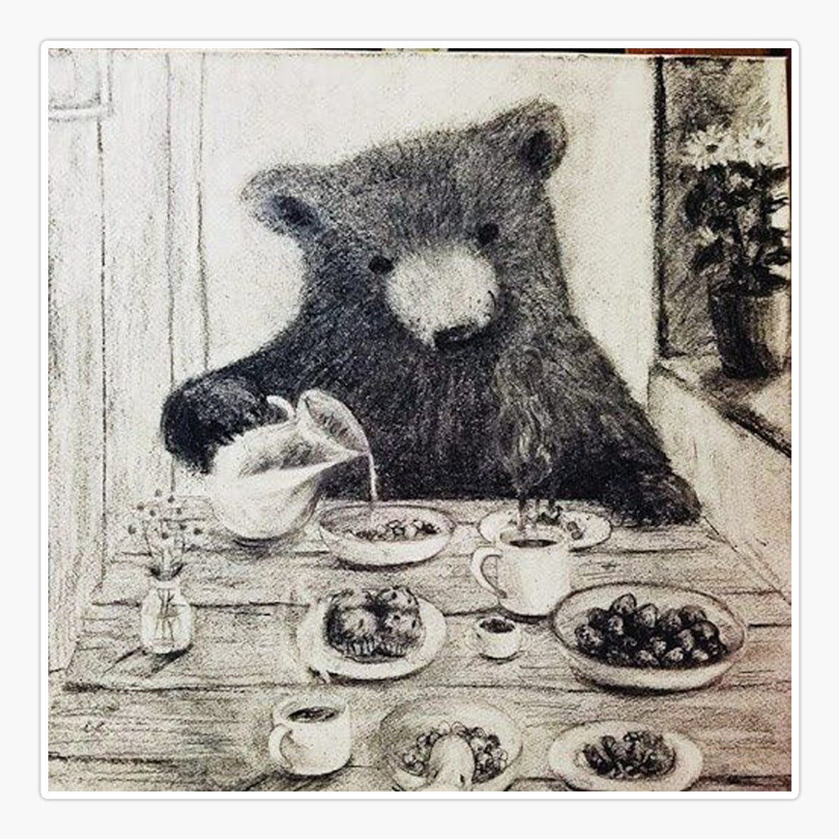 Onim Bear At The Kitchen Table Sticker, Phone Decal Water Bottle ...