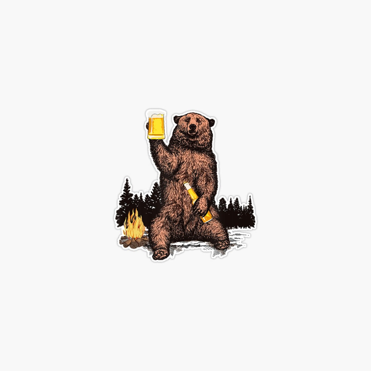 Onim Bear Drinking Beer Camp Fire Woods Outdoor Sticker, Phone Decal ...