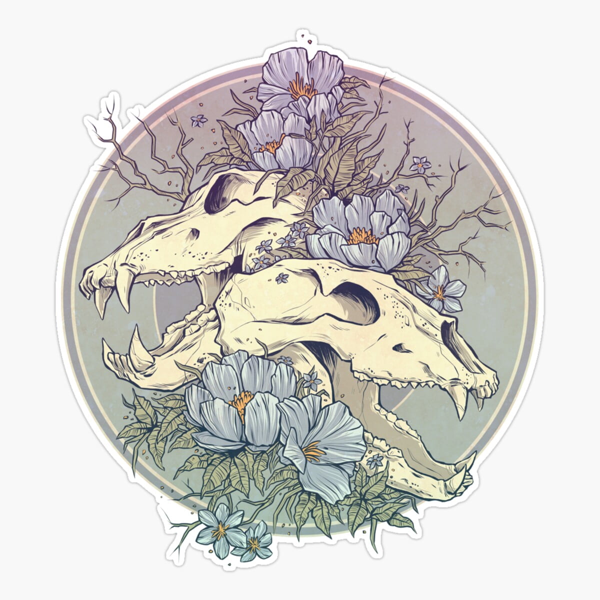 Onim Bear Skulls With Flowers And Plants, With Background Sticker ...