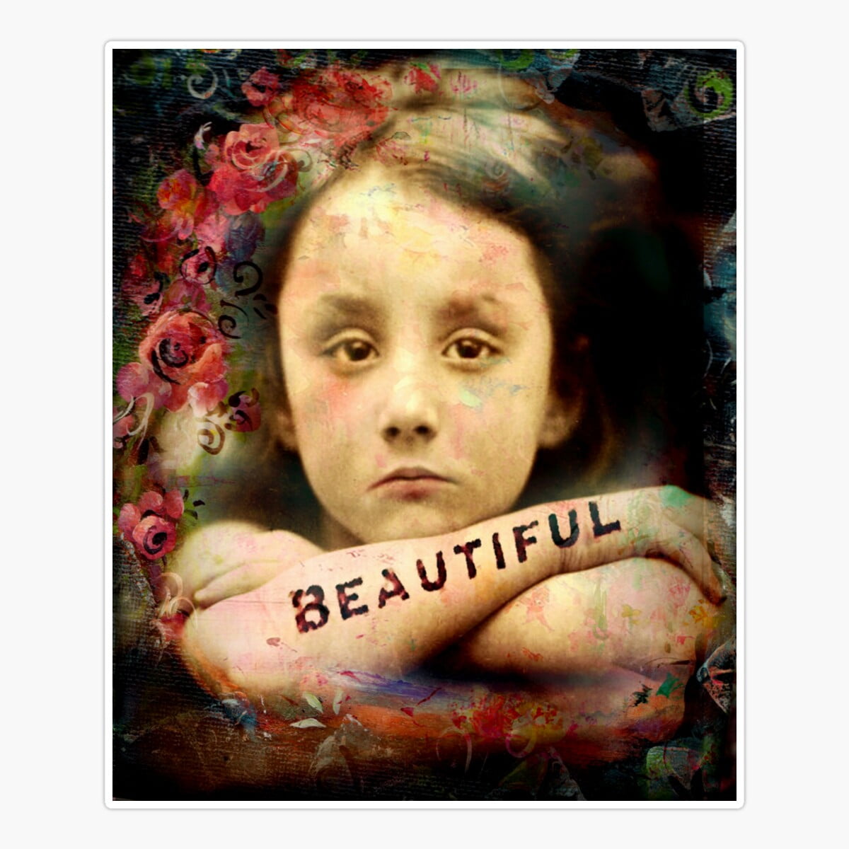 Onim Beautiful Little Girl Portrait Painting With Painted Flowers ...