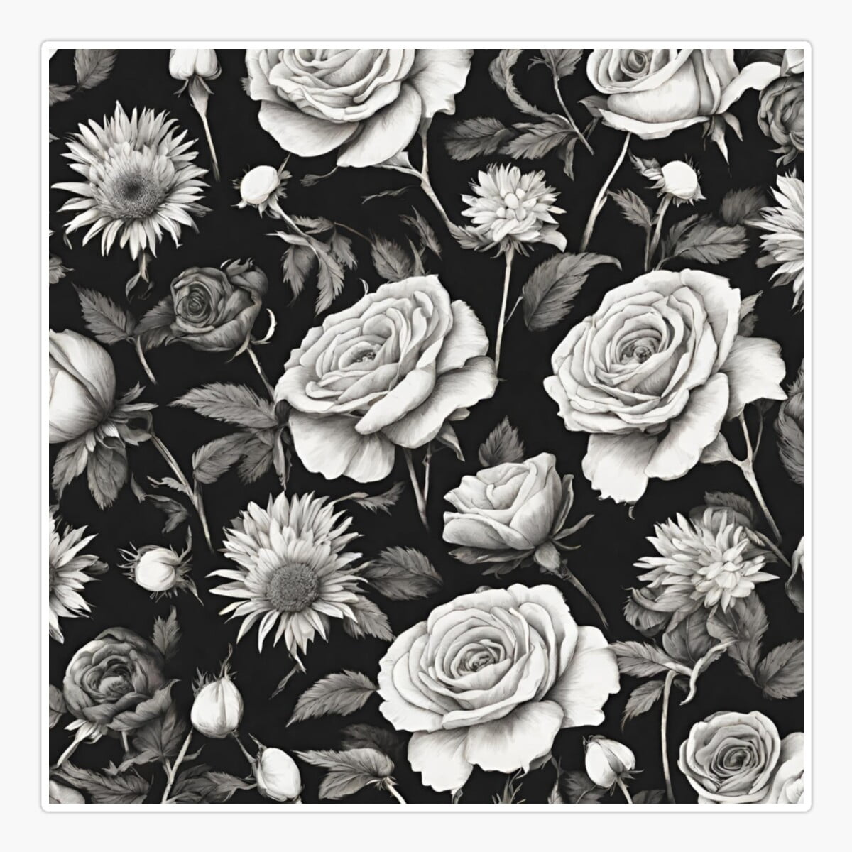 Onim Black And White Floral Blooms Pattern Sticker, Phone Decal Water ...