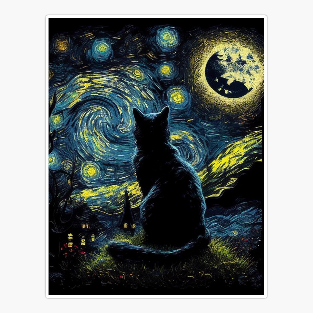 Onim Black Cat Starry Night, Celestial Full Moon Sticker, Phone Decal ...