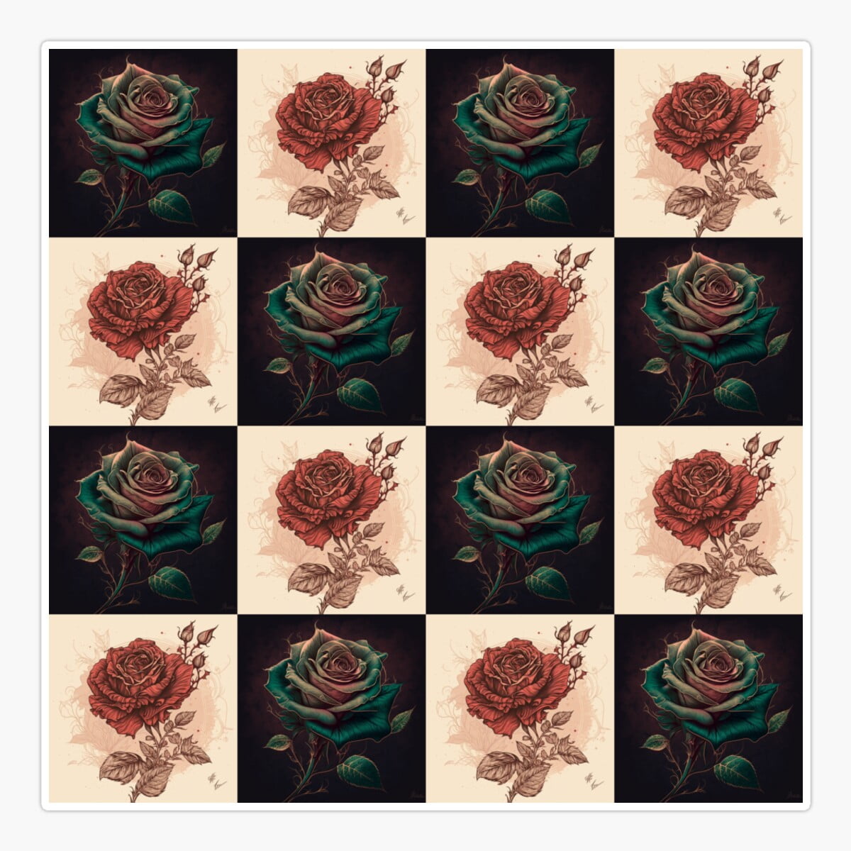 Onim Black & Red Roses On Checkered Background Sticker, Phone Decal ...