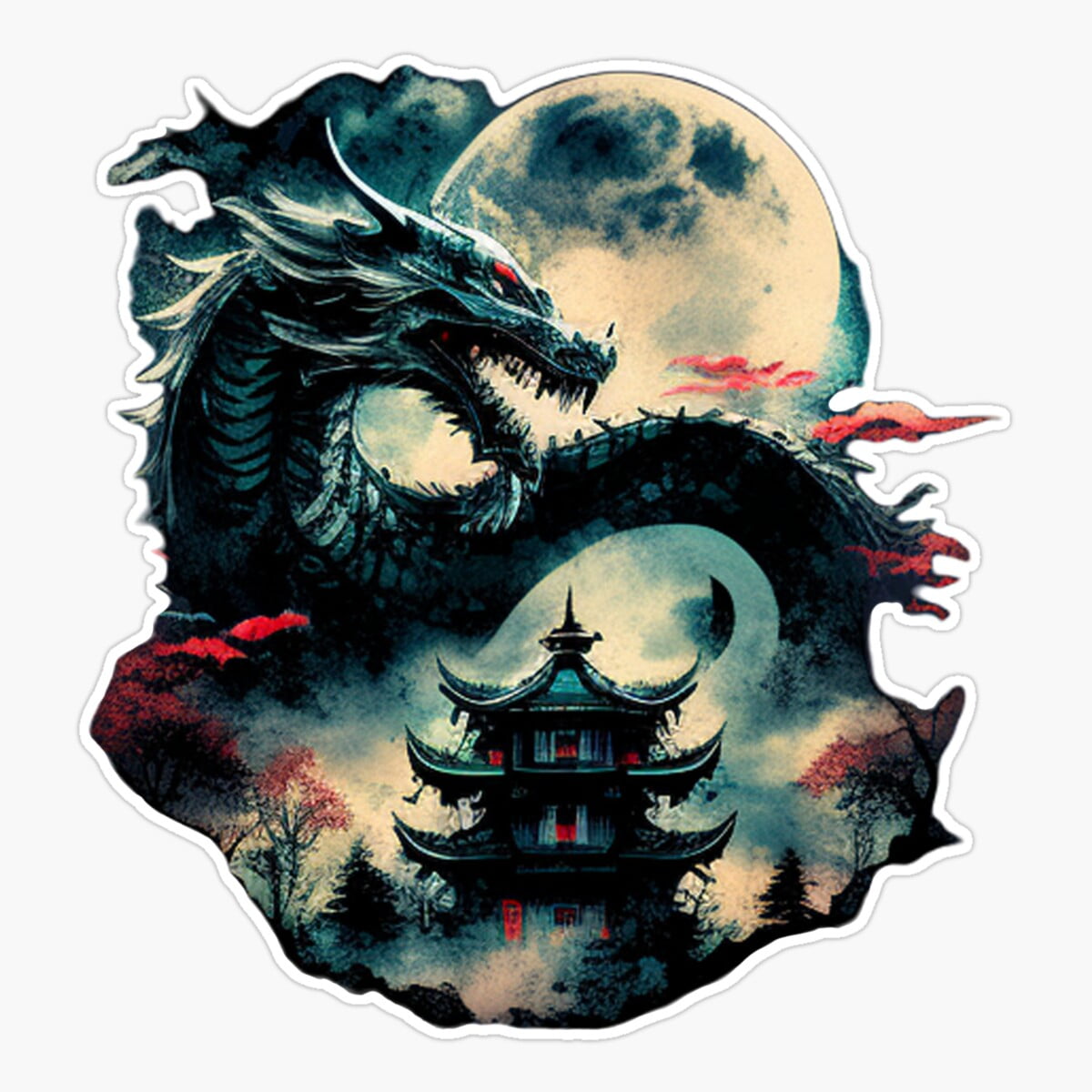 Onim Blue Moon And Dragon Castle Sticker, Phone Decal Water Bottle ...