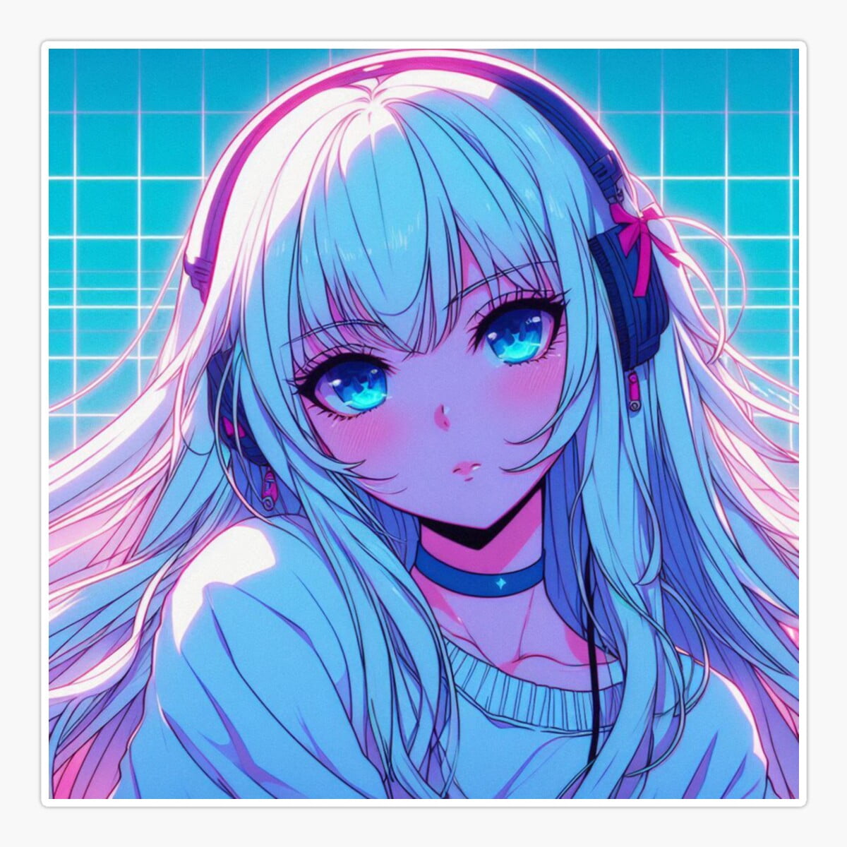 Onim Blue Neon Light Headphone Anime Girl Sticker, Phone Decal Water ...