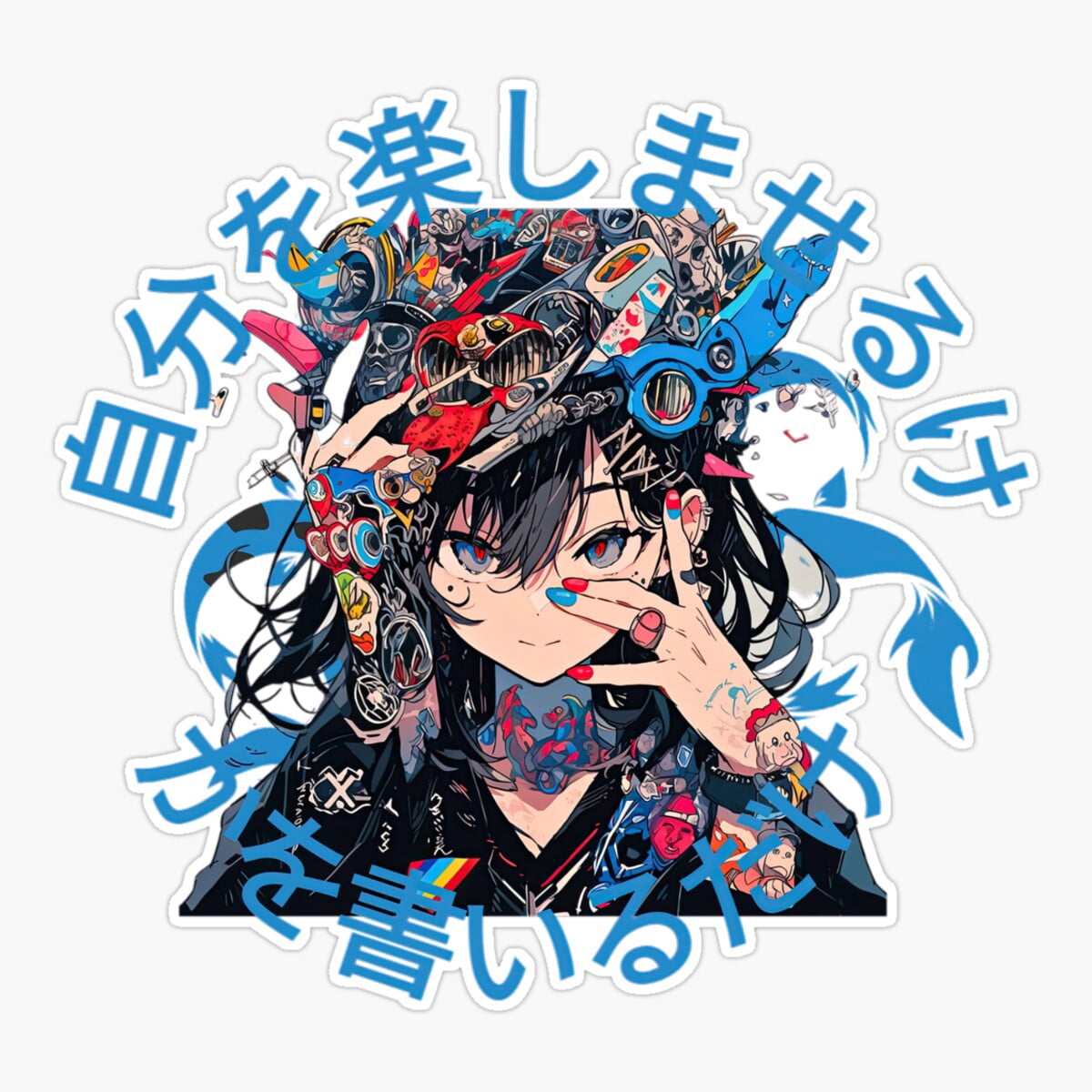 Onim Blue Red Anime Girl Sticker, Phone Decal Water Bottle Stickers Car ...