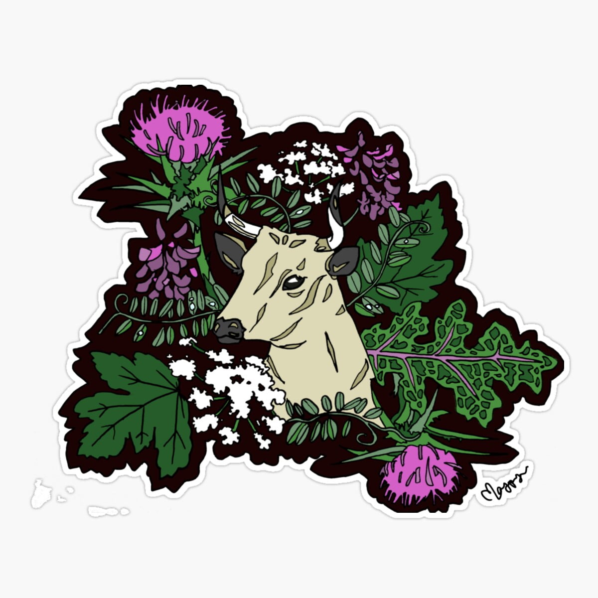 Onim Botanical Flower Cow Sticker, Phone Decal Water Bottle Stickers ...