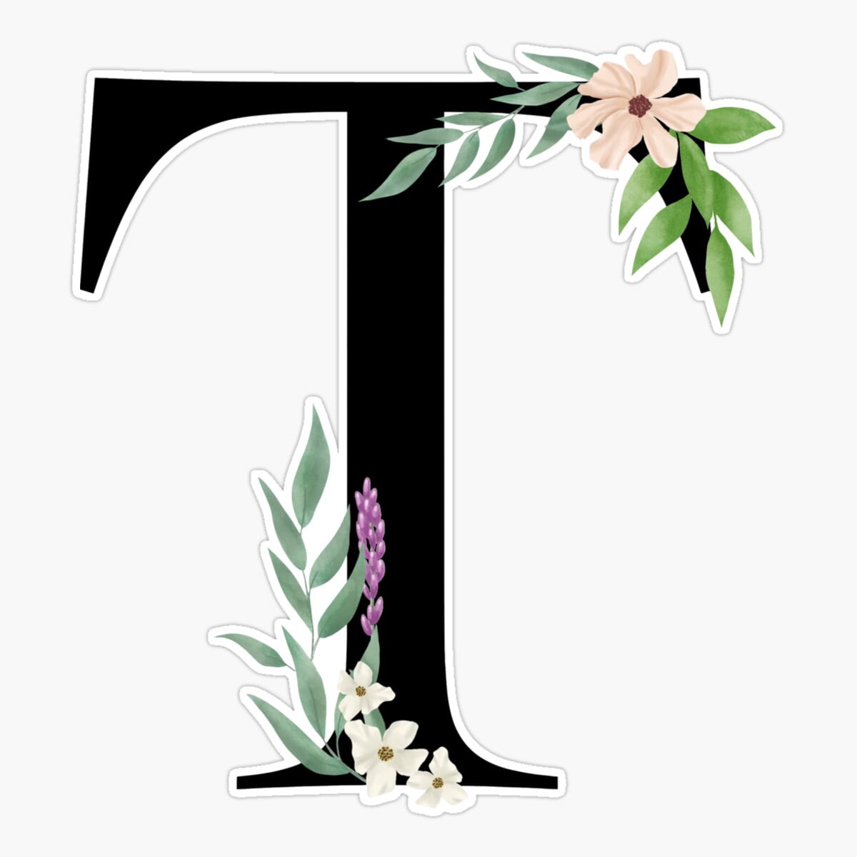 Onim Botanical Letter T Sticker, Phone Decal Water Bottle Stickers Car ...