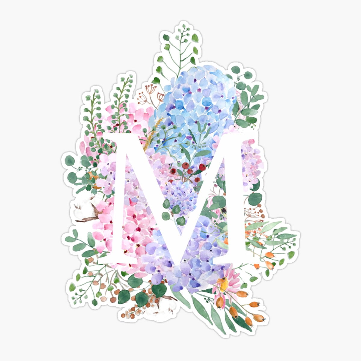 Onim Botanical Monogram Alphabet M Hydrangea Flowers Hand Painted ...