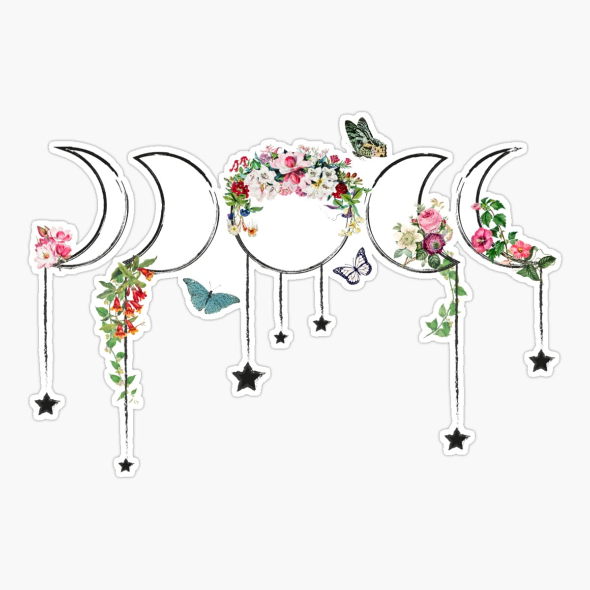 Onim Botanical Moon Phase With Butterflies Sticker, Phone Decal Water ...