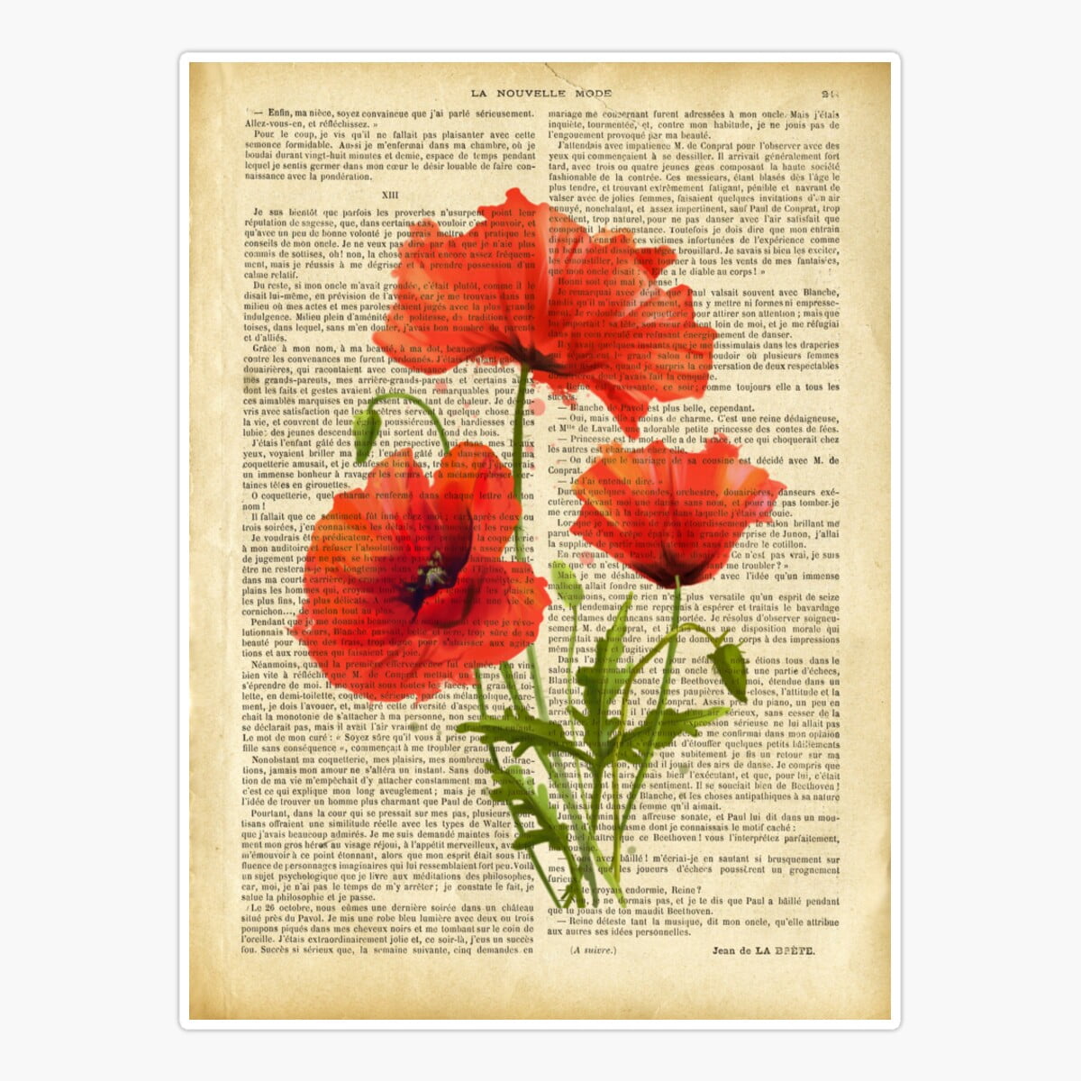 Onim Botanical Print, On Old Book Page - Red Poppies Sticker, Phone ...