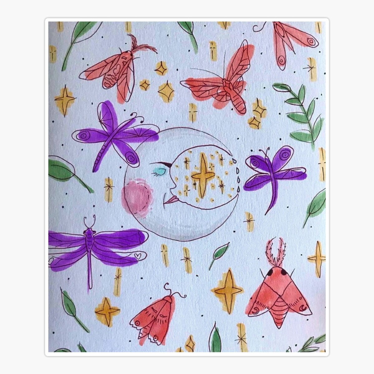 Onim Botanical Style Moon, Moth & Dragonfly Pattern Sticker, Phone ...