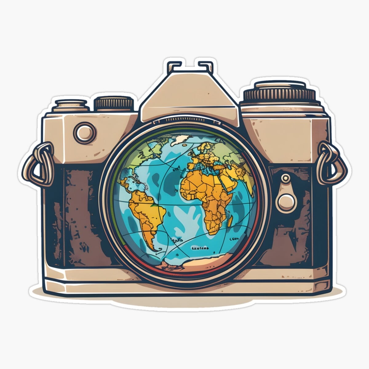 Onim Brown Vintage Camera World Map Lens Illustration Sticker, Phone ...