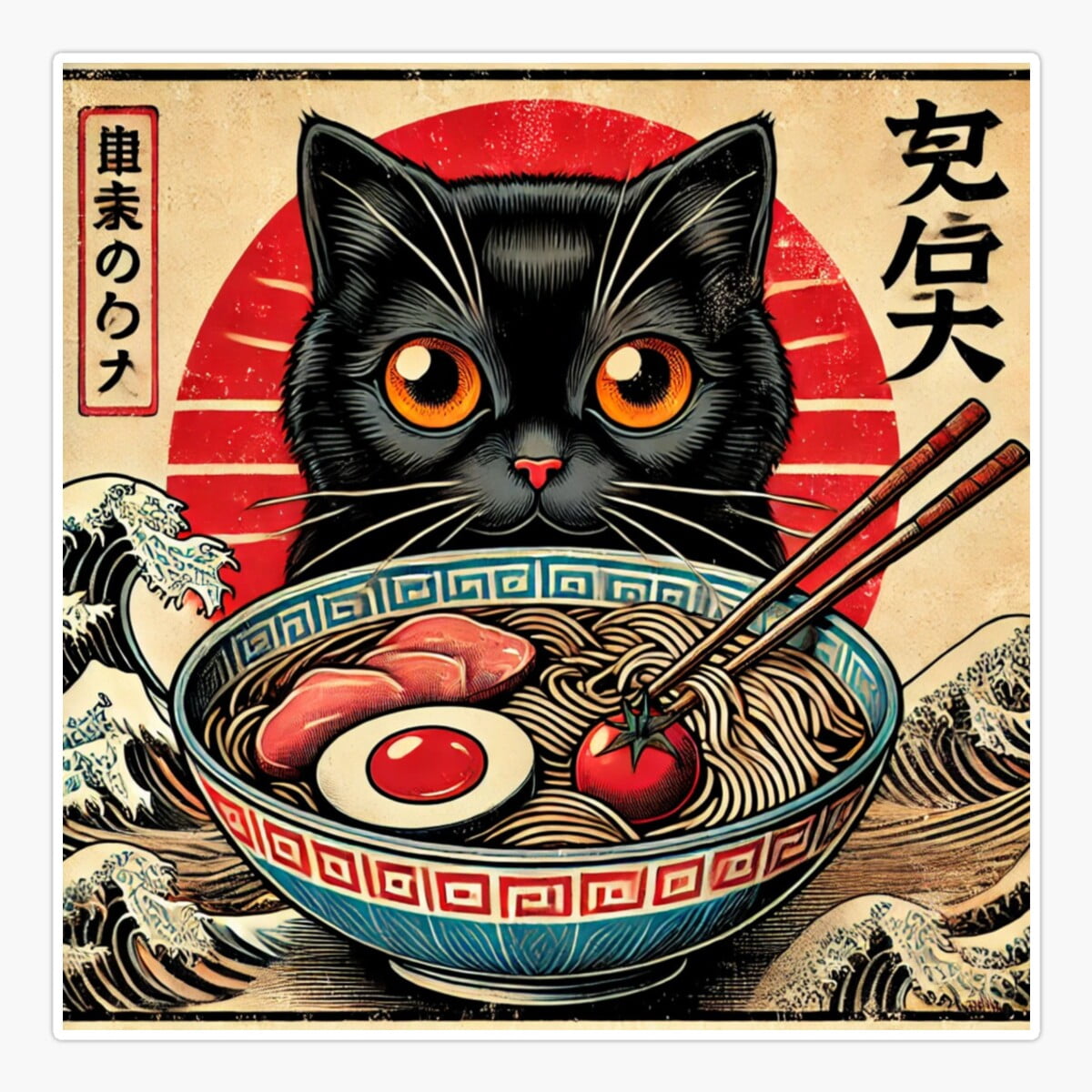 Onim Cat Eating Ramen, Kawaii Cat Anime Sticker, Phone Decal Water ...