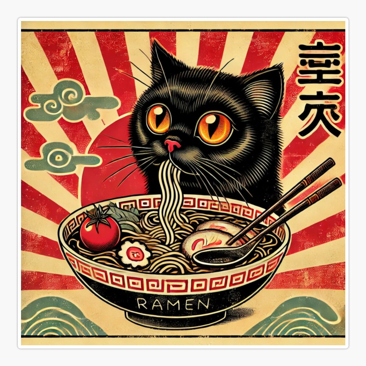 Onim Cat Eating Ramen, Kawaii Cat Anime Sticker, Phone Decal Water ...