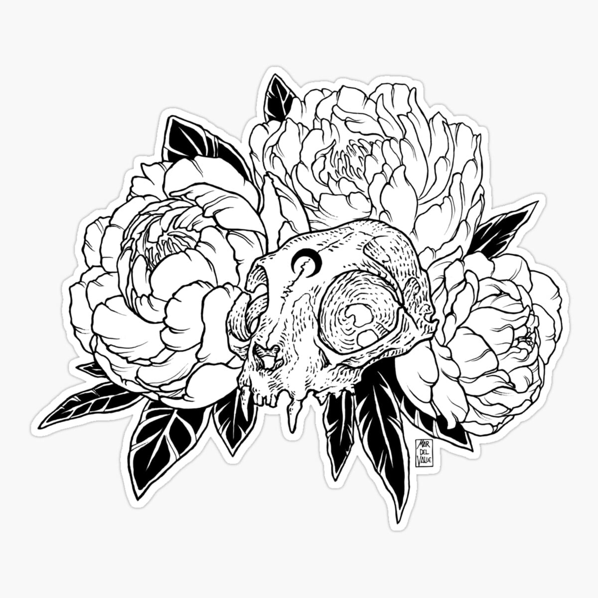 Onim Cat Skull With Peonies - Black Line Sticker, Phone Decal Water ...