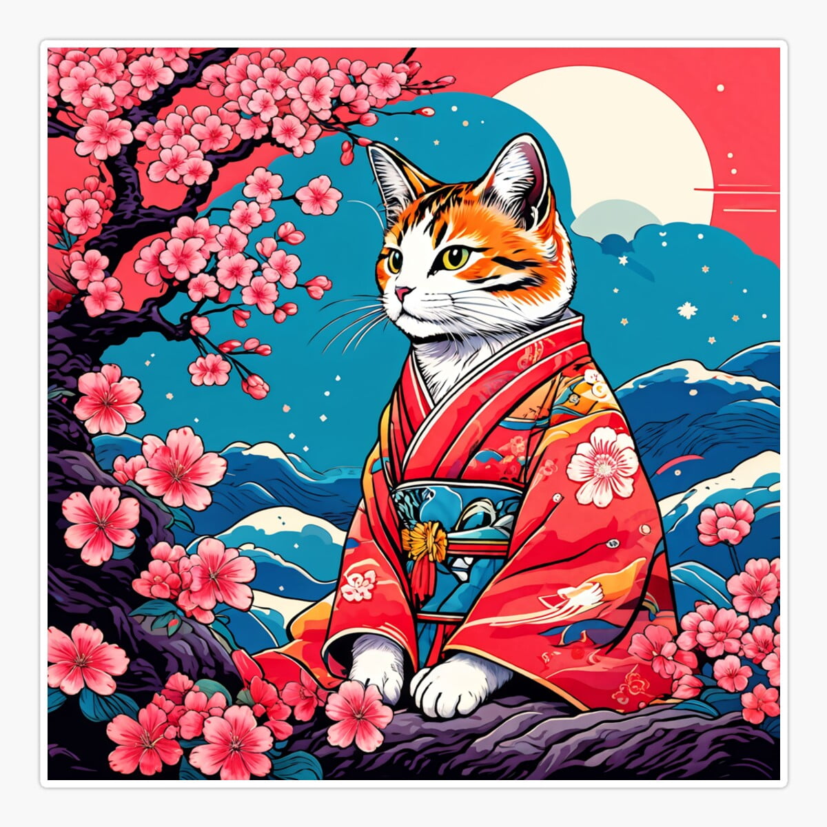 Onim Cat With Japanese Traditional Kimono Sticker, Phone Decal Water ...