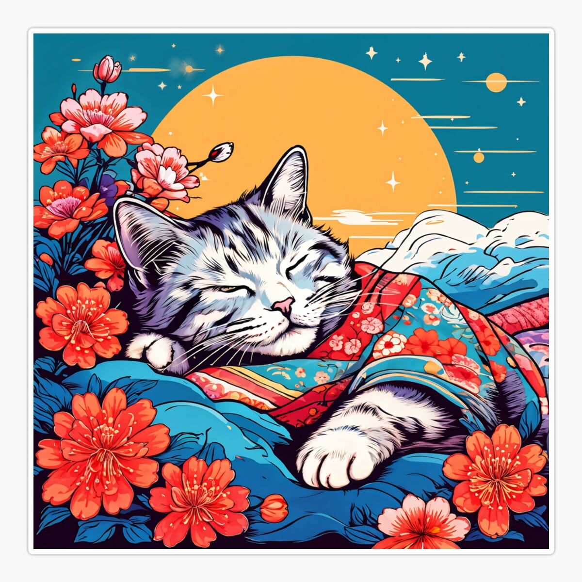 Onim Cat With Japanese Traditional Kimono Taking A Long Nap Sticker ...