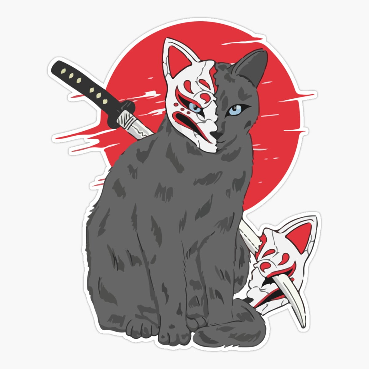 Onim Catana With Kitsune Mask Illustration Sticker, Phone Decal Water ...