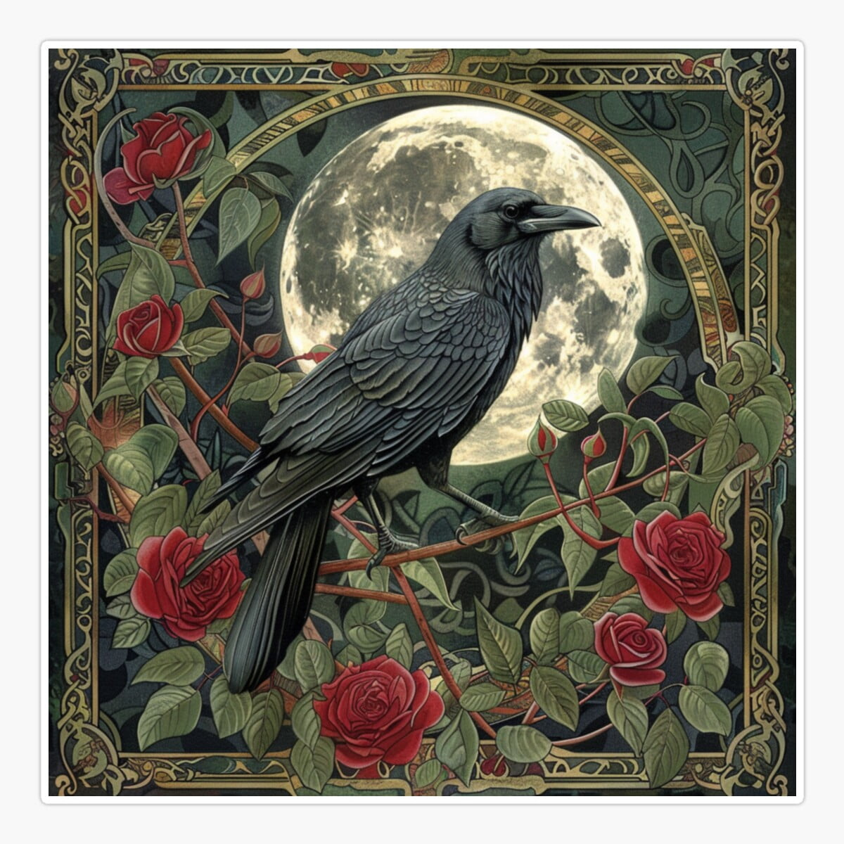 Onim Celestial Raven And Roses Art Nouveau Sticker, Phone Decal Water ...