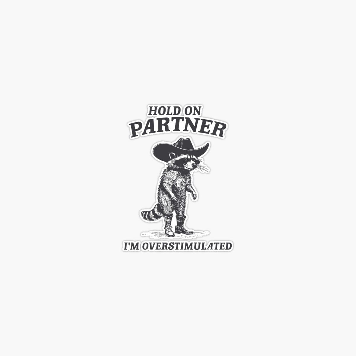 Onim Cowboy Raccoon Hold On Partner I'M Overstimulated Vintage Sticker ...