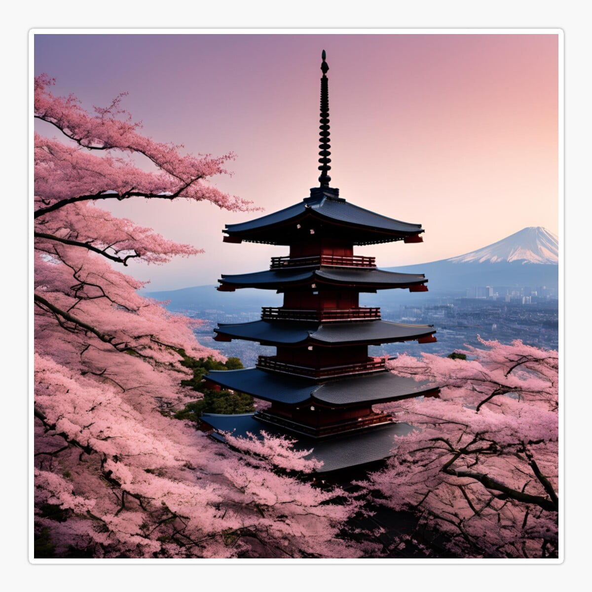 Onim Cherry Blossoms And Japanese Architecture Sticker, Phone Decal ...