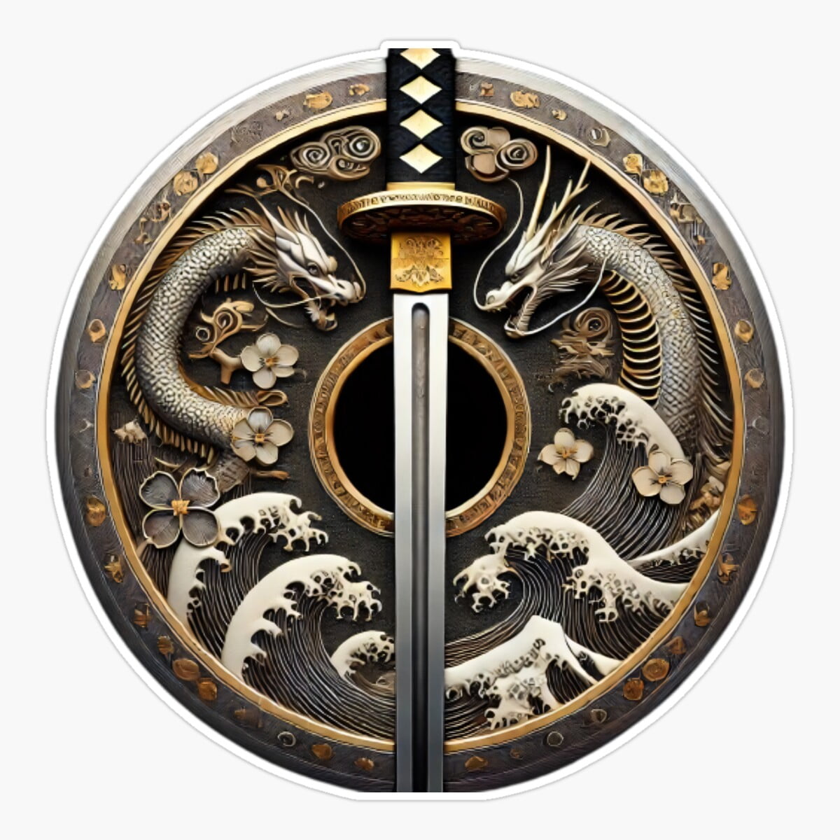 Onim Dragon & Wave Katana Guard - Japanese Sword Art Sticker, Phone ...