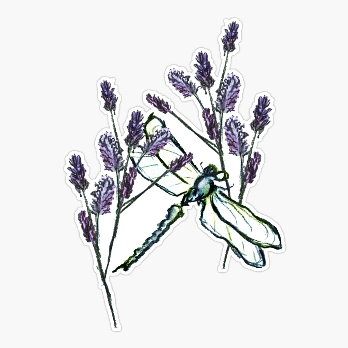 Onim Dragonfly And Lavender, Cottagecore Charcoal Drawing Pattern ...