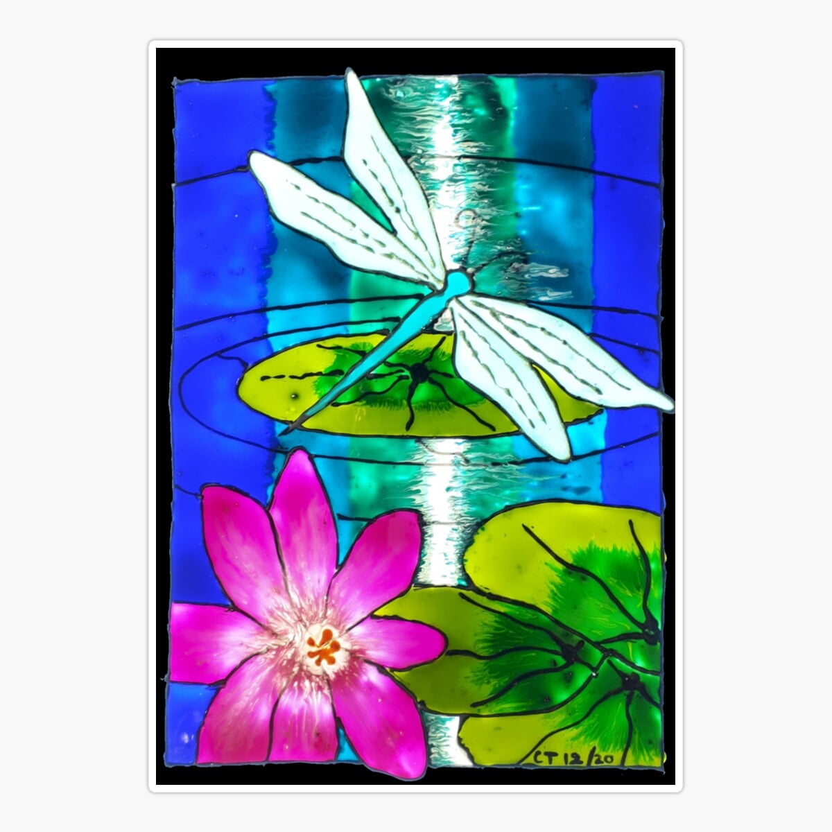 Onim Dragonfly Hovering Over Pink Lily Pad Flower Sticker, Phone Decal ...