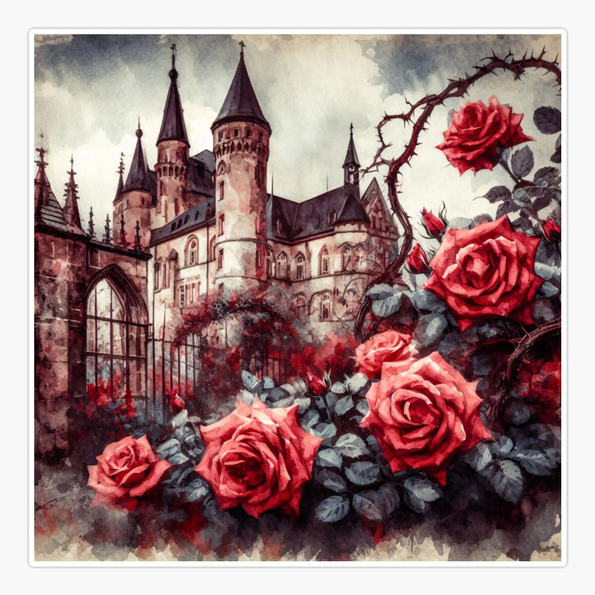 Onim Fairy Tale Castle Surrounded By Roses Sticker, Phone Decal Water ...